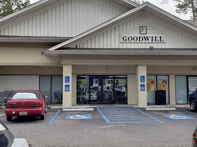 The classic peaked roof and simple signage hide a surprisingly spacious interior filled with donated treasures waiting.