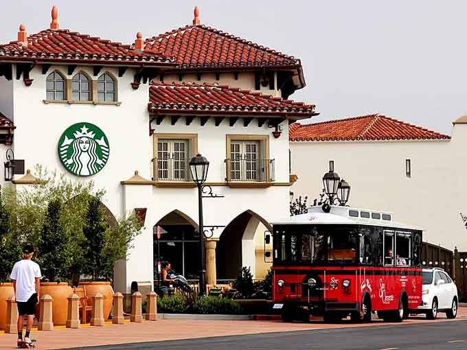 That red trolley and Spanish architecture remind you that some towns know exactly who they are and celebrate it.