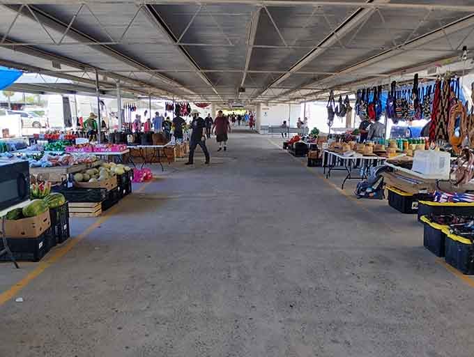 Wide covered walkways stretch endlessly, giving shoppers plenty of elbow room to browse without bumping into neighbors.