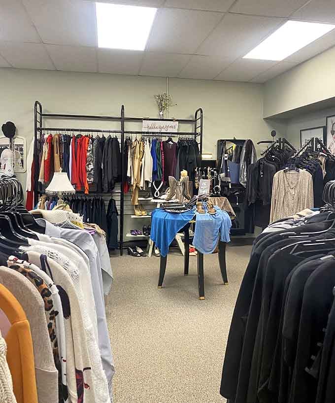 Inside, organized racks showcase curated clothing displayed with boutique-level care that makes secondhand shopping feel decidedly first-class.