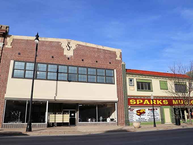 Historic storefronts in Arkansas City create the perfect backdrop for a leisurely day trip that costs nothing but your gas money.