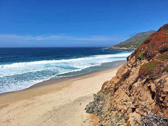 Big Sur's coastline stretches endlessly here, with pristine sand meeting turquoise waves beneath towering coastal mountains.