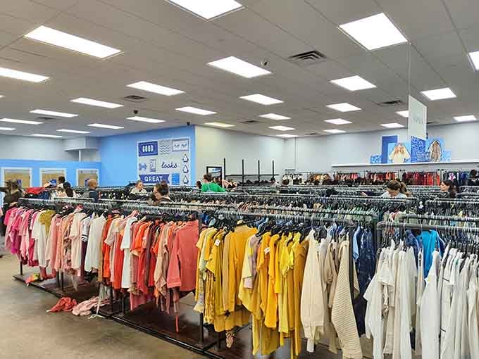 Organized by color like a rainbow, these endless racks make finding your perfect outfit easier than finding your car keys.