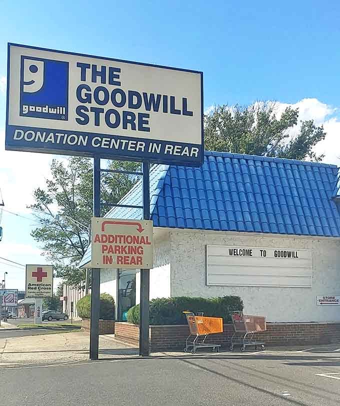 That blue roof signals a treasure trove below where donated goods get second chances and shoppers get first-class deals.