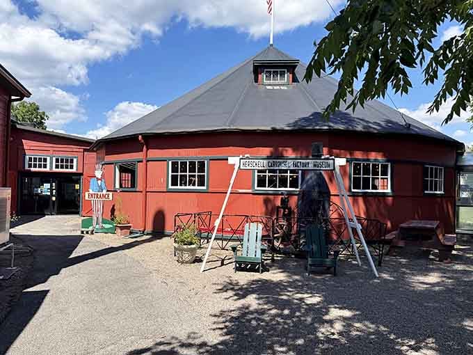Bright sunshine illuminates this historic factory building where wooden carousel horses once came to magical life.