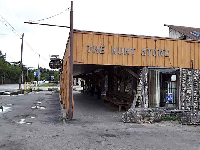 The Hunt Store's weathered wood exterior invites you inside for cold drinks and genuine conversation with friendly locals.