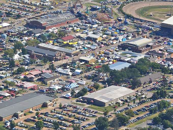 From this bird's-eye view, Hutchinson's fairgrounds transform into a colorful patchwork quilt of Midwestern celebration and community spirit.