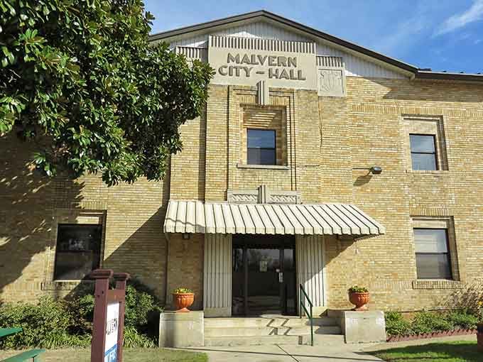 Malvern's City Hall stands proudly in golden brick, symbolizing the solid value retirees find in this affordable community.