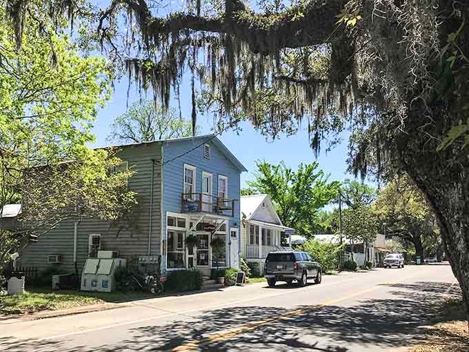 Spanish moss drapes like nature's curtains over this quiet street, where time moves slower by design.