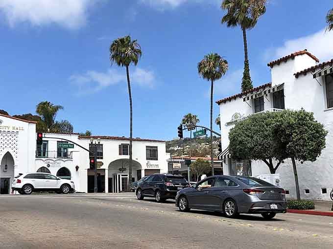 White arches and palm trees create the perfect Southern California scene where every day feels like endless summer.