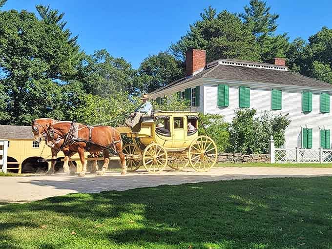 That horse-drawn stagecoach rolling past the historic house is either the best historical reenactment ever or someone's really committed to avoiding traffic.