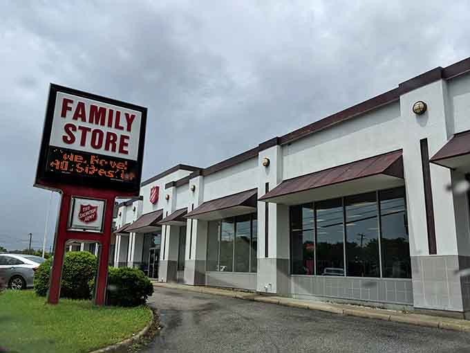 That vintage-style sign and sprawling storefront promise family-friendly bargains that stretch as far as the eye can see.