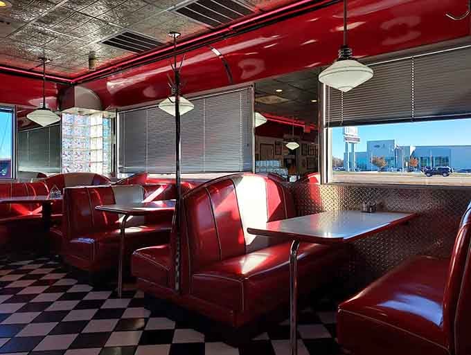 Chrome poles and vintage memorabilia transport you straight back to the Eisenhower era's glory days.