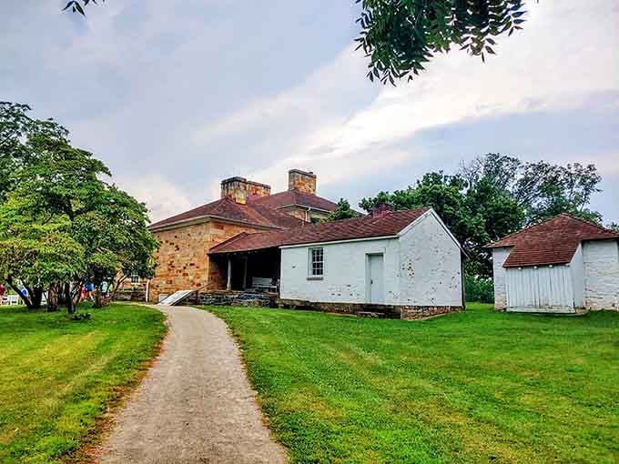 The outbuildings and pathways reveal how a working estate operated when Ohio was still figuring itself out.