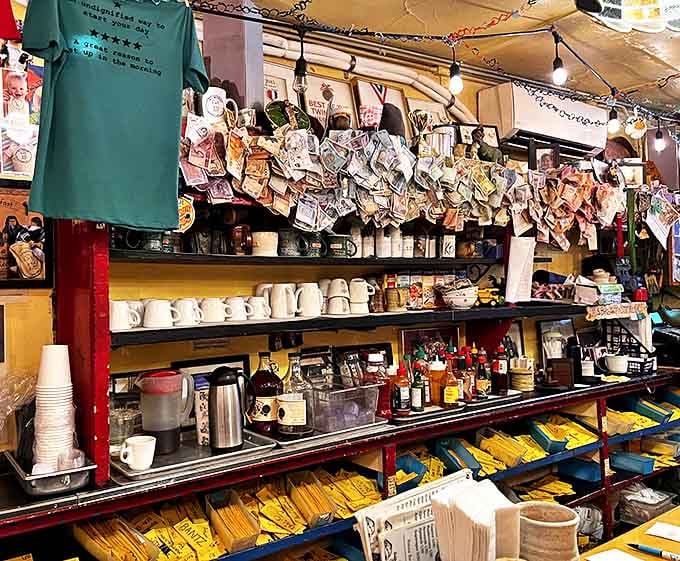 Dollar bills plastered overhead like breakfast-fueled wishes, each one representing a satisfied customer's tribute to greatness.