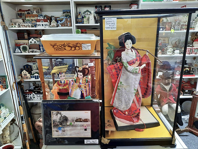 Japanese dolls in traditional dress, bringing international elegance to this decidedly Midwestern treasure trove.