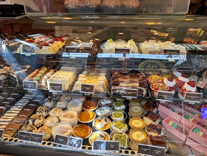 The display case stretches on like a sugary horizon, each section more tempting than the last.