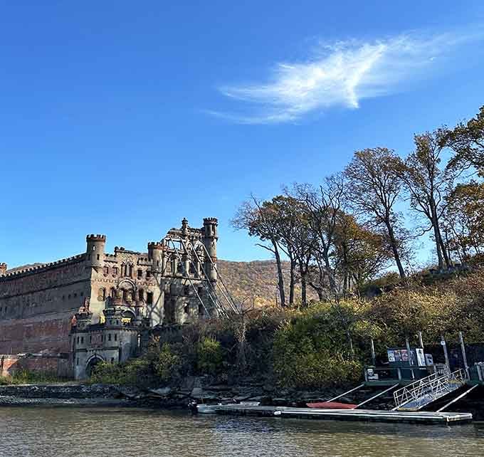 Bare trees in late season reveal the castle's bones, showing how impressively this structure has withstood decades of neglect.
