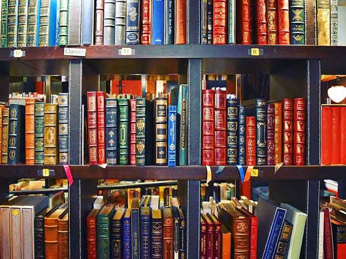 Leather-bound classics line the shelves like old friends waiting to be rediscovered.