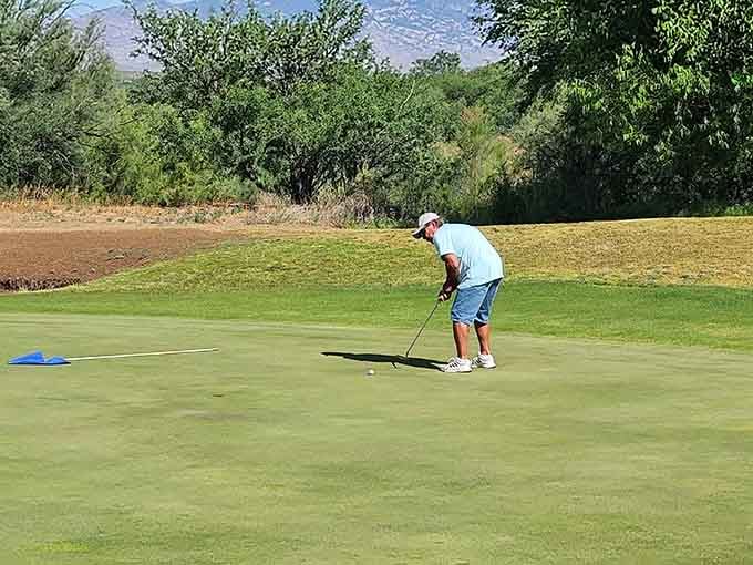 The local golf course offers mountain views and reasonable rates for those who refuse to quit playing.