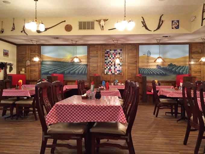 The dining room where Michigan families have been gathering for years, complete with murals celebrating the state's agricultural soul.