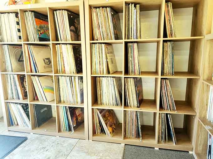 Vinyl records organized in cubbies bring back memories of flipping through albums at your favorite record store on Saturday afternoons.