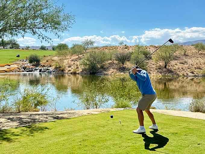 Golfing with a water hazard and mountain backdrop beats any country club view you've seen back home.