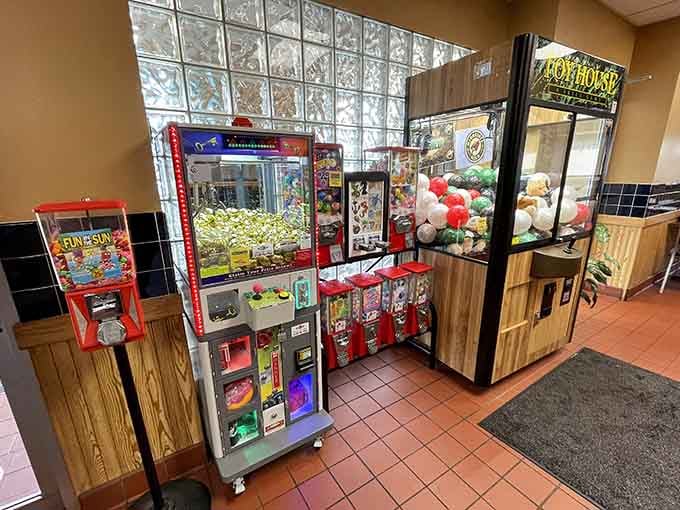 Claw machines and gumball dispensers add a playful touch, because who says adults can't have a little fun too?