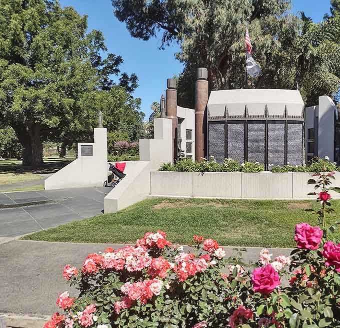 Historic memorials blend seamlessly with natural beauty throughout the park's thoughtfully designed grounds.