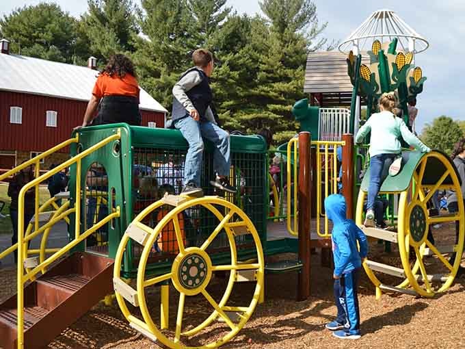 This farm-themed playground lets kids burn energy while parents enjoy a moment of blessed peace and quiet.