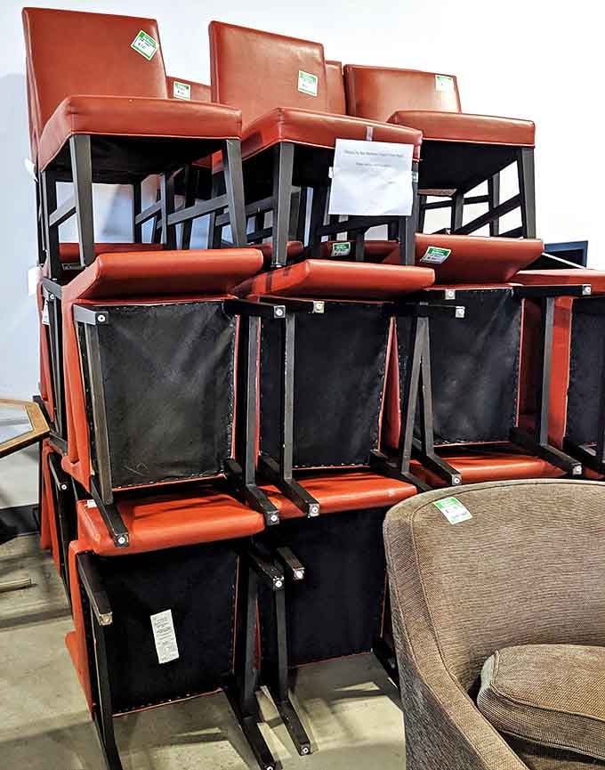 These stackable red chairs could be perfect for a home bar, restaurant startup, or your next poker night headquarters.