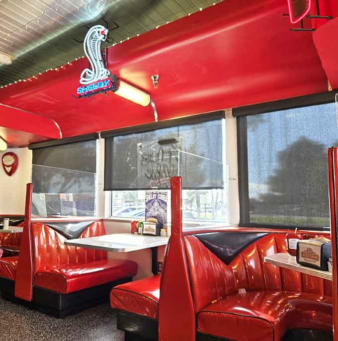 Red vinyl booths so shiny they reflect your excitement about the meal that's headed your way.