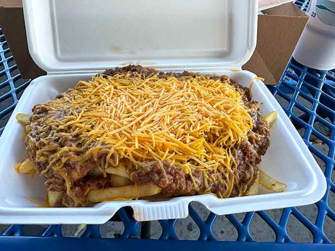 Chili cheese fries: where comfort food meets decadence in a styrofoam container. Diet plans have been known to surrender at first sight.