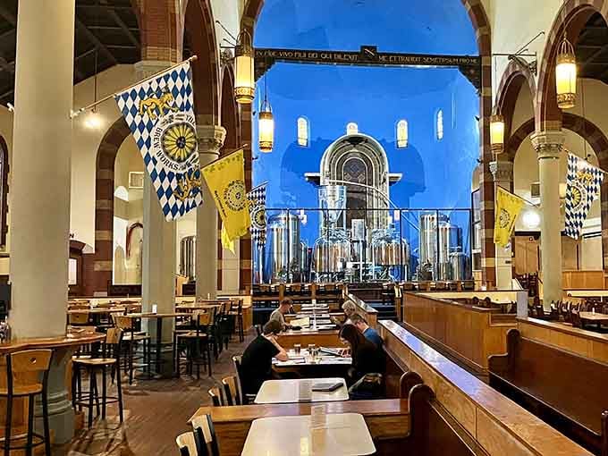The view down the nave reveals just how brilliantly they've transformed sacred space into a thriving community gathering spot.