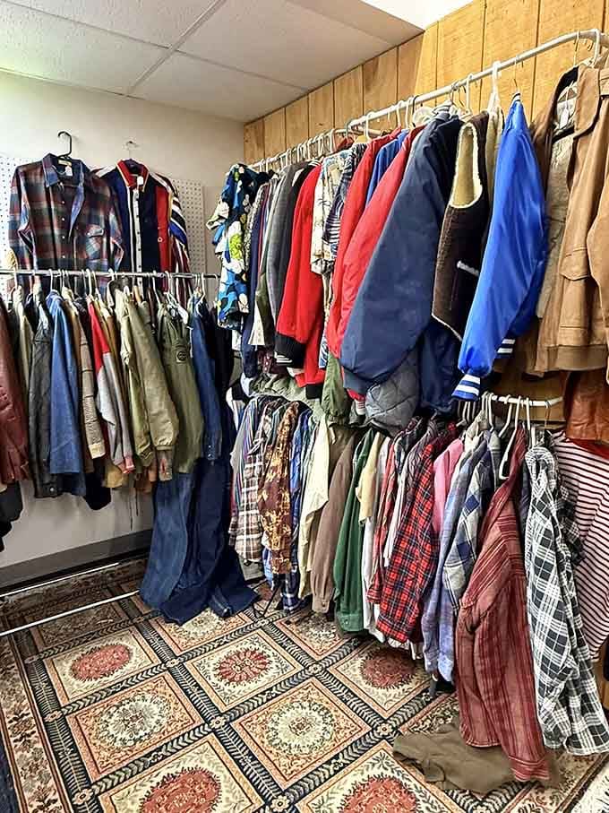 Vintage clothing racks displaying jackets and shirts that prove fashion really does come back around if you wait long enough.