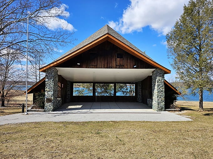 This pavilion frames Lake Marburg like nature's own picture window, minus the expensive gallery markup.