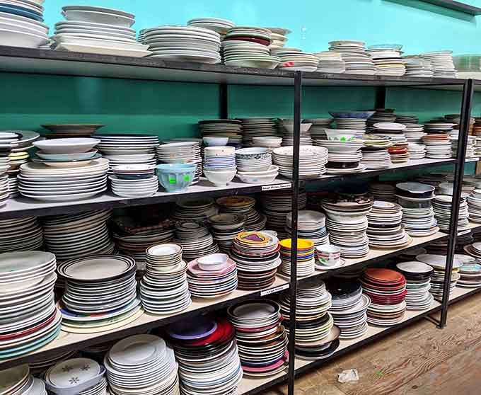Stacks of plates and saucers create a dishware lover's dream, perfect for replacing that chipped set or starting fresh.