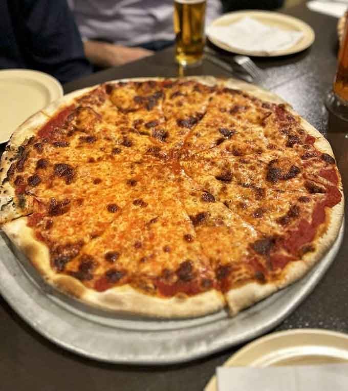 Sometimes plain is anything but: golden cheese, tangy sauce, and crispy crust need no embellishment to achieve greatness.