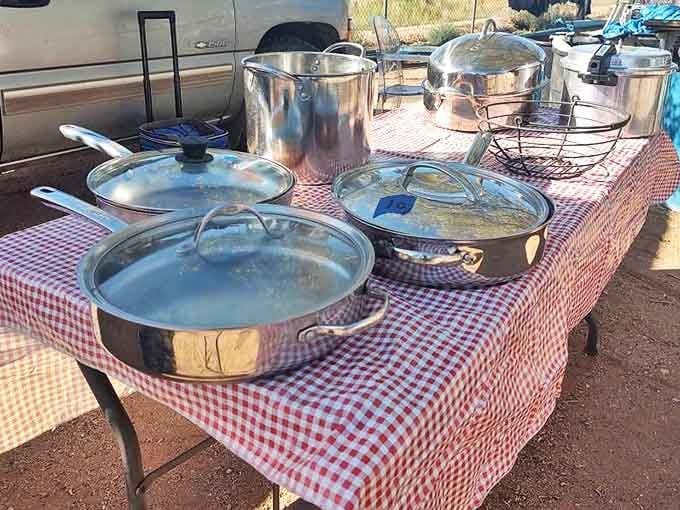 Kitchen workhorses gleaming in the sunlight. These well-seasoned pots and pans have likely served up thousands of family dinners.