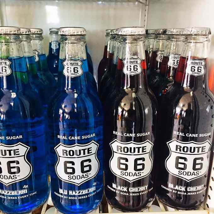 Route 66 sodas in vintage bottles make hydration feel like participating in living American history somehow.