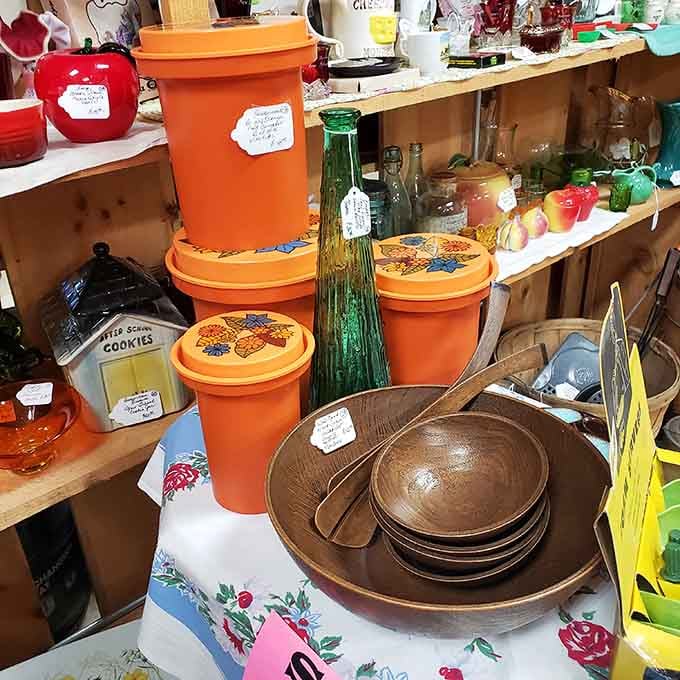 Bright orange vintage containers and colorful glassware that would make your grandmother nod approvingly from across the room.