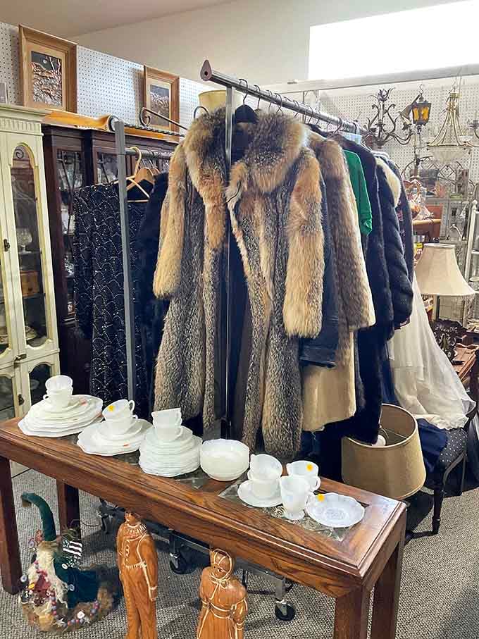 Vintage fur coats hang majestically, ready to make you feel like you're attending a 1940s Hollywood premiere tonight.