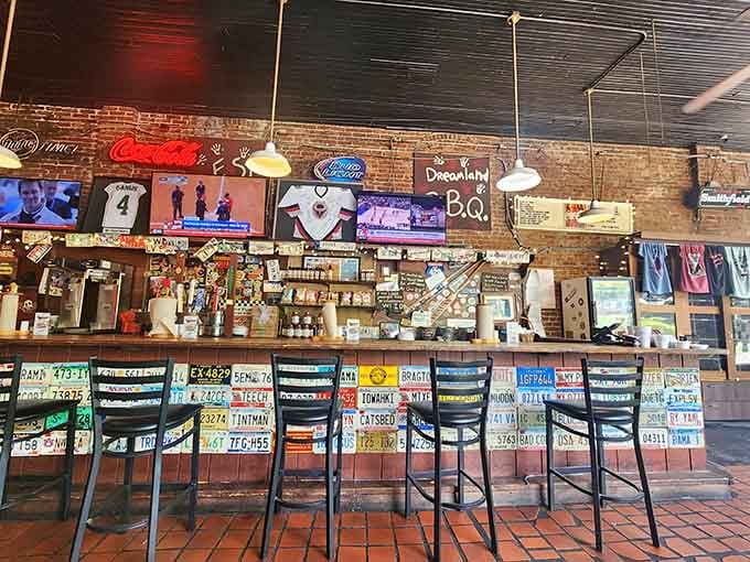 License plates and neon create a bar area where you can watch the magic happen while waiting for your order.