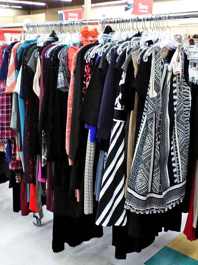 Fashion's second act, where patterns bold enough to make your eyes water hang alongside classic black dresses that whisper "timeless elegance."