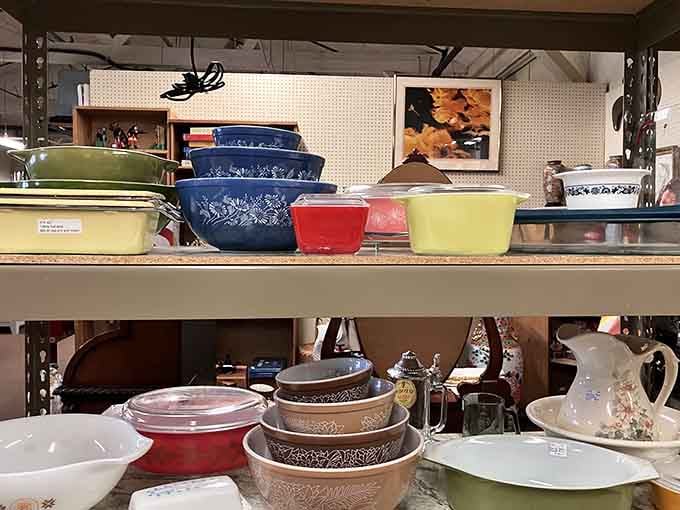 Pyrex bowls in those iconic colors that make modern kitchenware look embarrassingly bland by comparison.