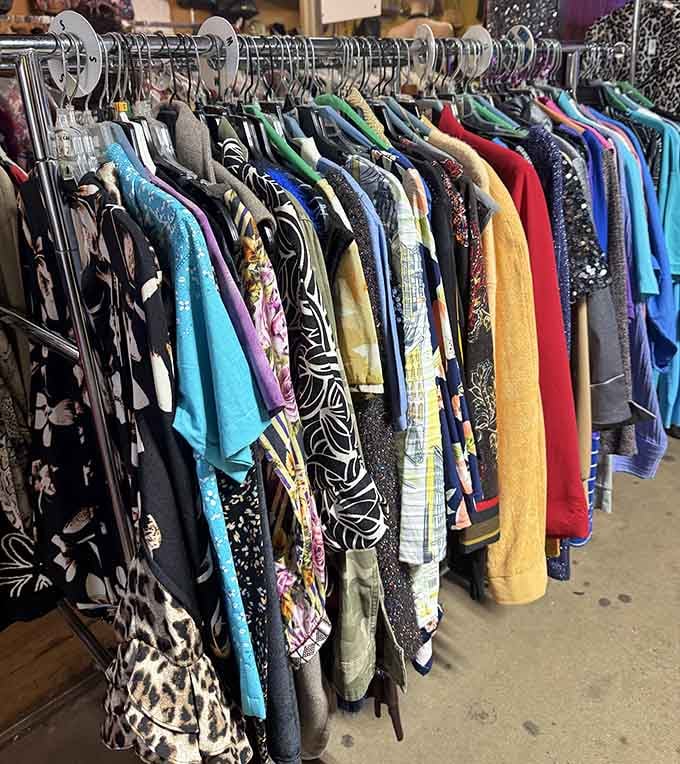 Racks of colorful clothing stretch endlessly, offering every pattern imaginable for those who believe more is definitely more always.