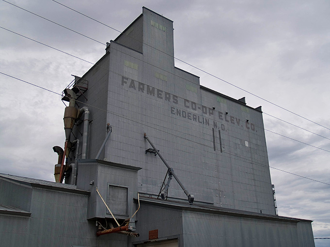The Farmers Co-Op Elevator Company stands as Enderlin's industrial cathedral, a monument to the agricultural heartbeat of the community.