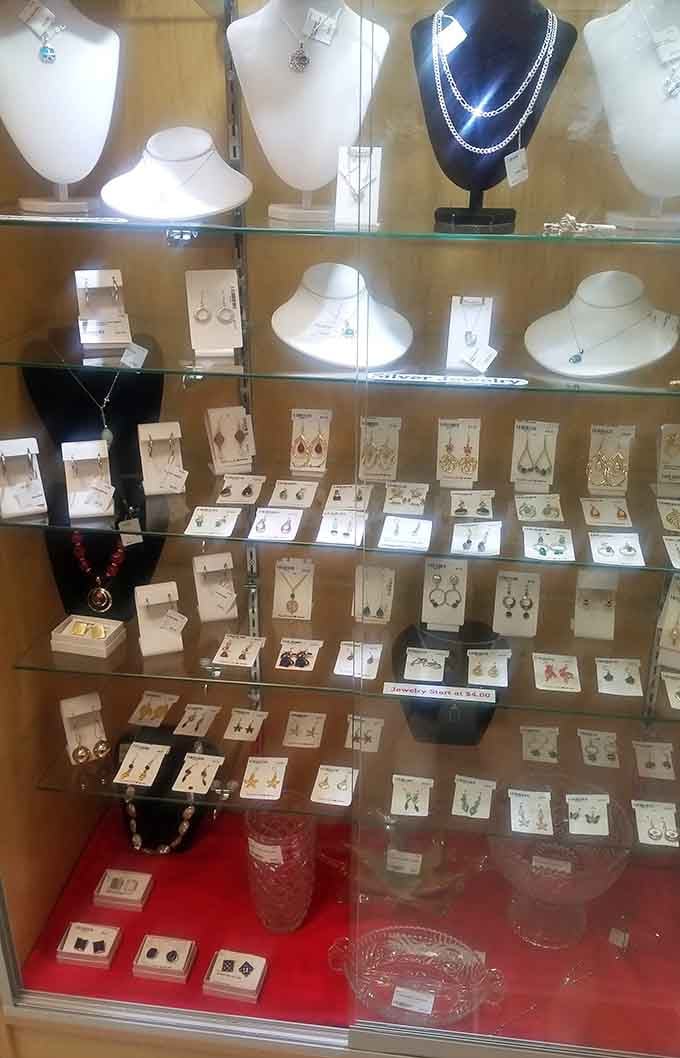 Sparkling jewelry displays where every piece whispers secrets from glamorous nights and special occasions long past.