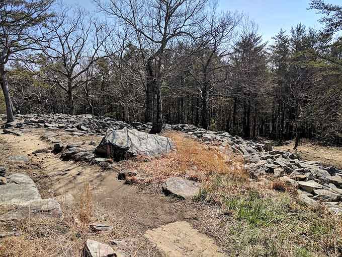 The mysterious ancient wall stretches across the ridgetop, keeping its secrets for over fifteen centuries and counting strong.