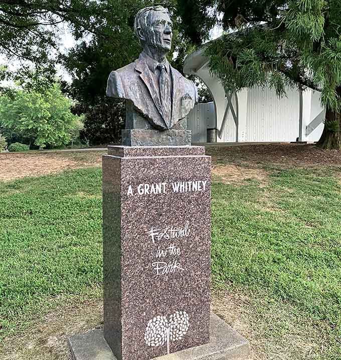 The A. Grant Whitney sculpture honors a local figure, adding historical context to your leisurely park stroll.